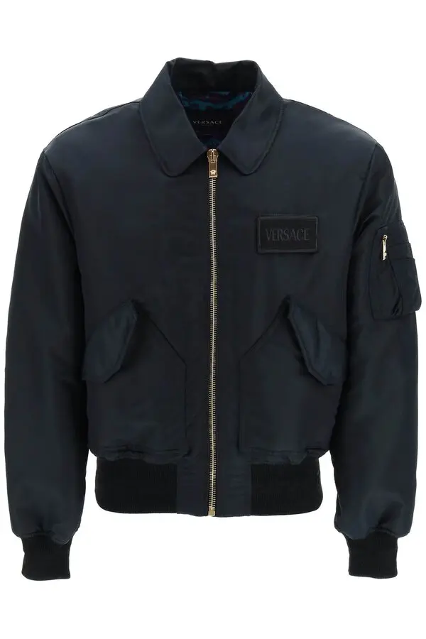 Versace Nylon Bomber Jacket With Velcro Logo Patch - Nero (black) | Editorialist